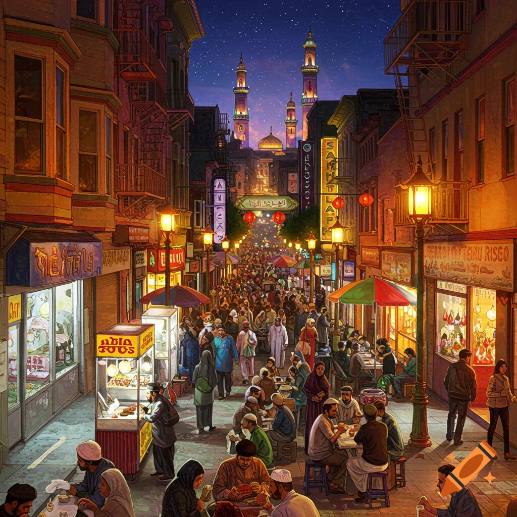 Crowded street scene at night with people, shops, and mosques in the ...