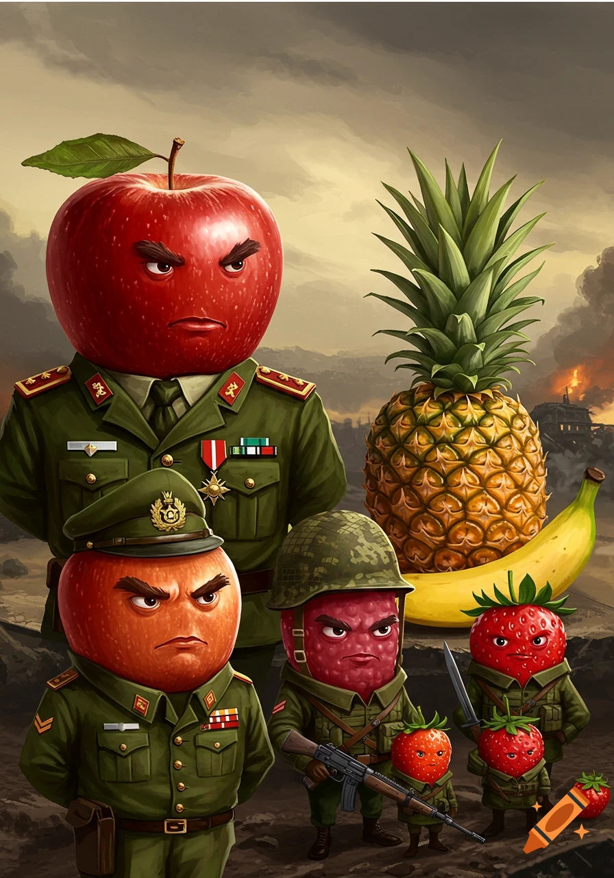 Illustration of angry fruits in military uniforms standing in a war ...