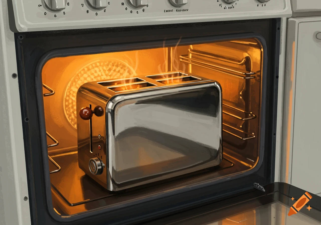 A chrome toaster sits inside a hot oven with glowing heating elements ...