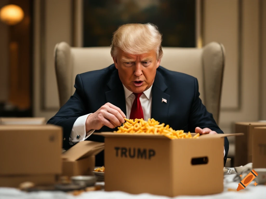 Donald Trump eating snacks from a box at a table. on Craiyon