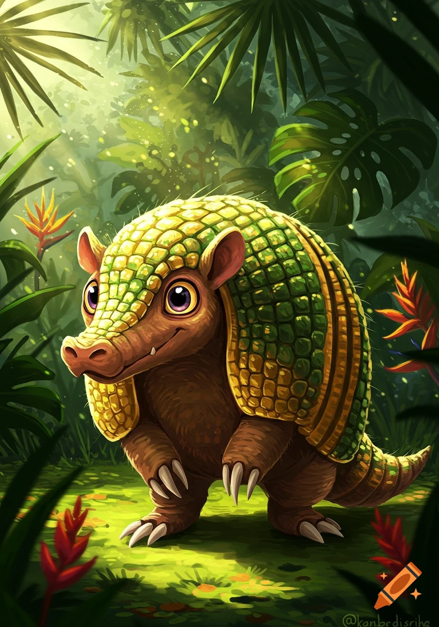 Cute fantasy armadillo-crocodile creature in a lush jungle. on Craiyon