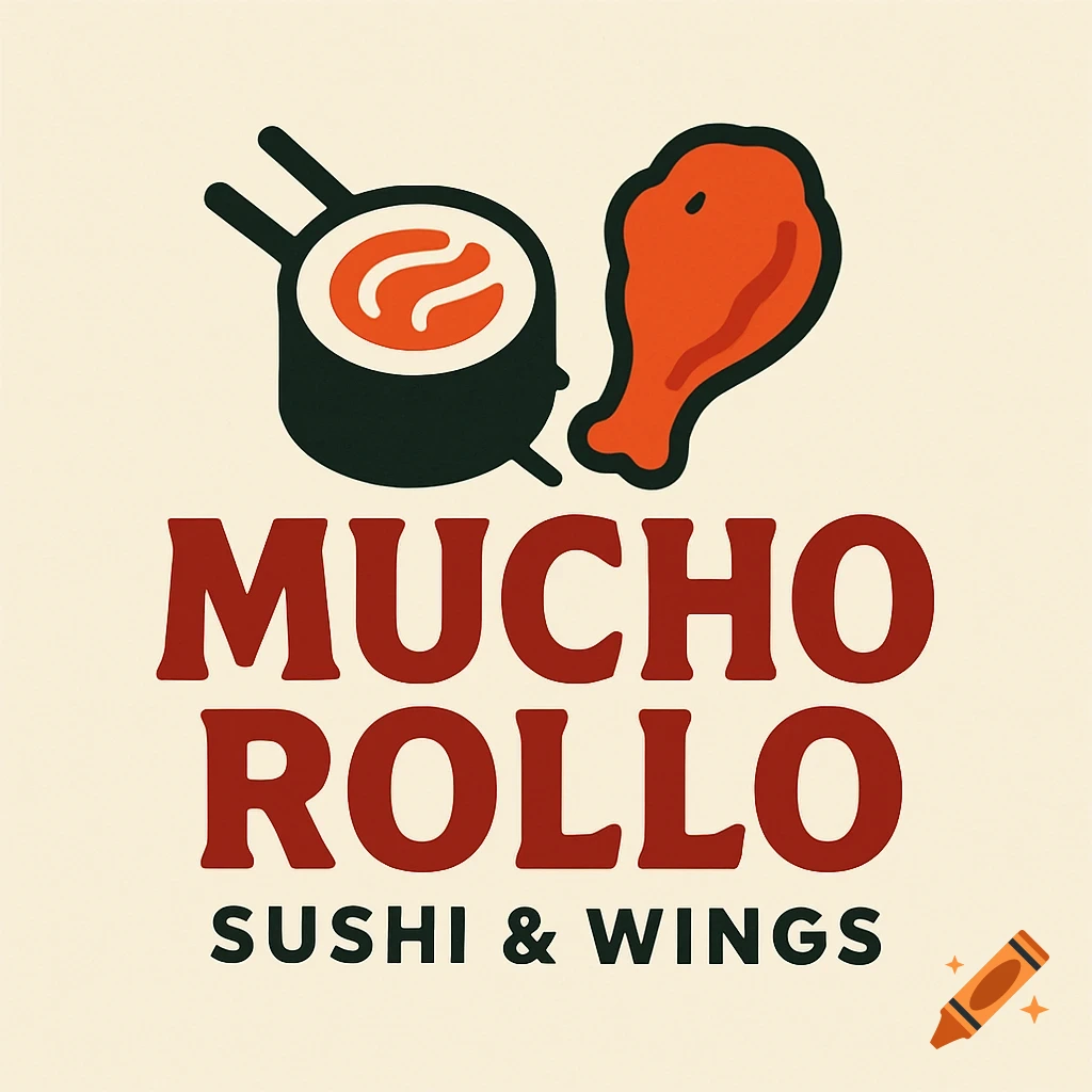 Logo for Mucho Rollo Sushi & Wings featuring a sushi roll and chicken ...