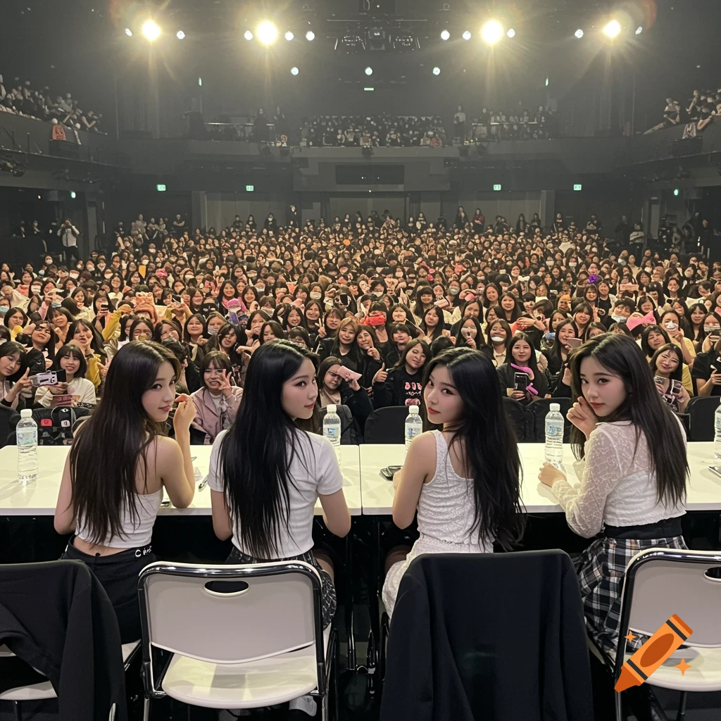 Four KPOP girls sit at a table on stage facing a large crowd at a fan meeting. on Craiyon