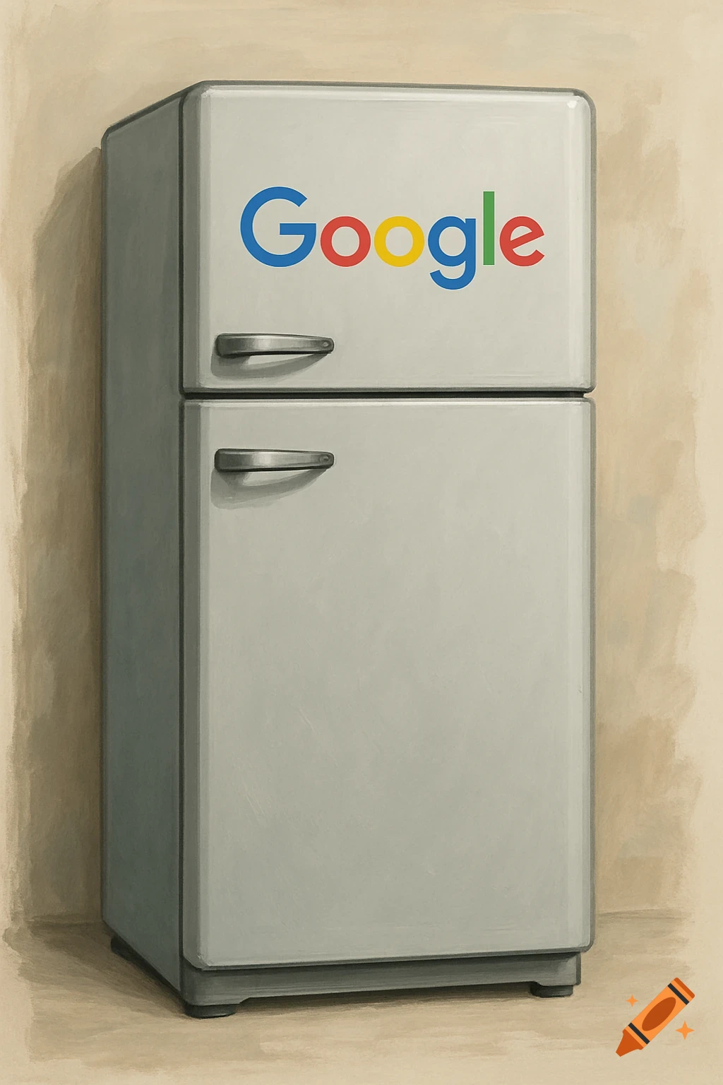 A retro-style refrigerator with the Google logo on the door, painted ...