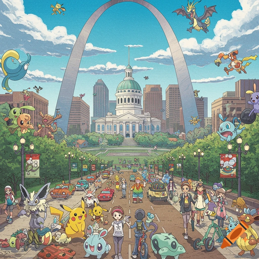 Pokemon characters and trainers in a city street in front of the ...