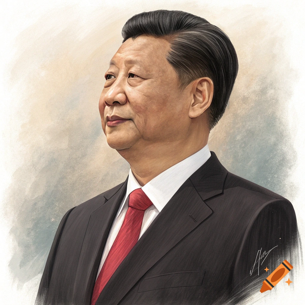 Portrait illustration of Xi Jinping in a suit and red tie. on Craiyon