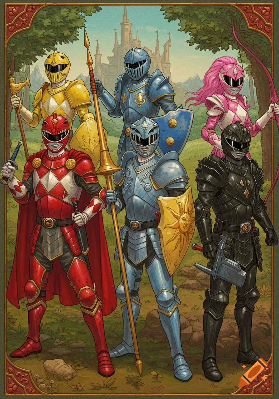 Illustrative depiction of Power Rangers in medieval knight armor with a ...