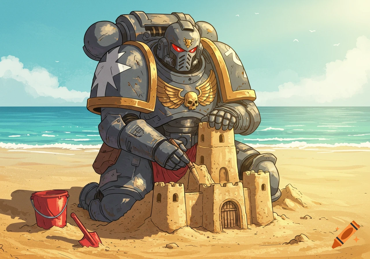 A Space Marine in armor builds a sandcastle on a sunny beach in an ...