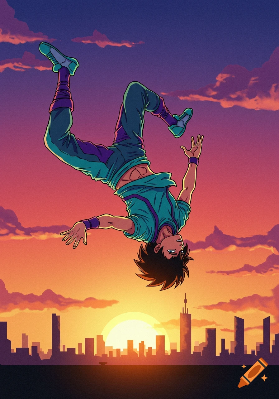 Anime person does a backflip over a city skyline at sunset. on Craiyon