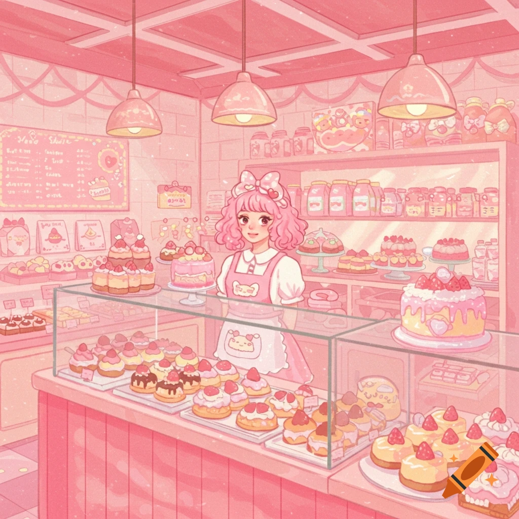 Anime illustration of a girl in a pink bakery with many cakes on Craiyon