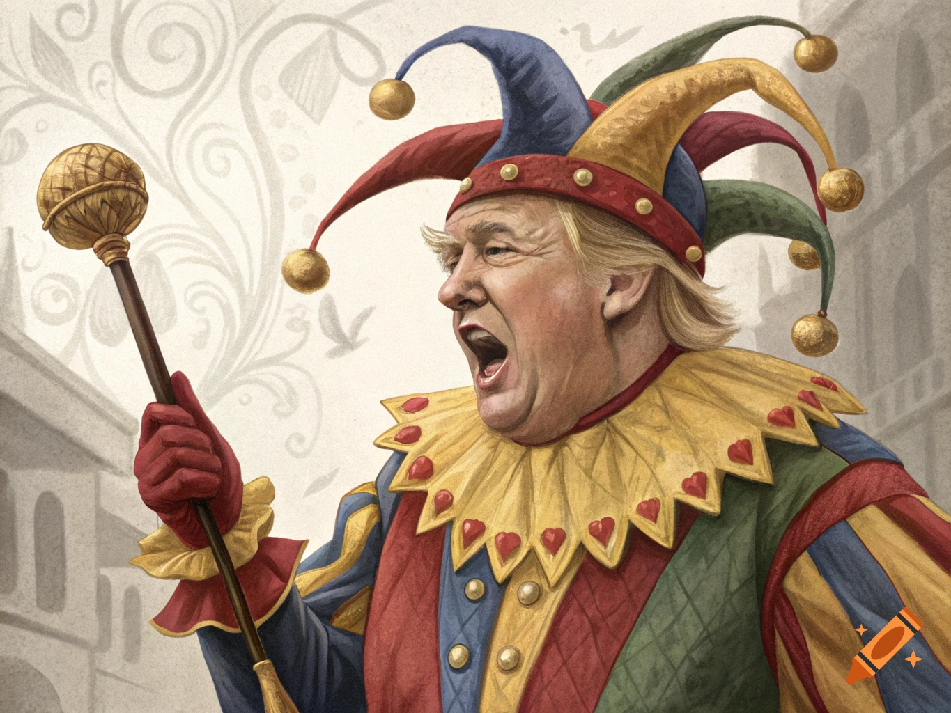 Illustration of Donald Trump dressed as a jester, holding a scepter. on ...
