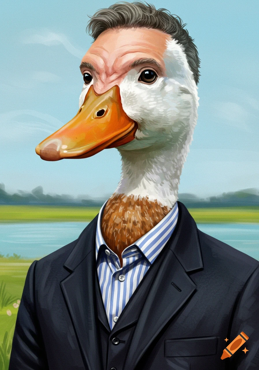 A duck wearing a suit and tie with human hair and forehead stands in a ...