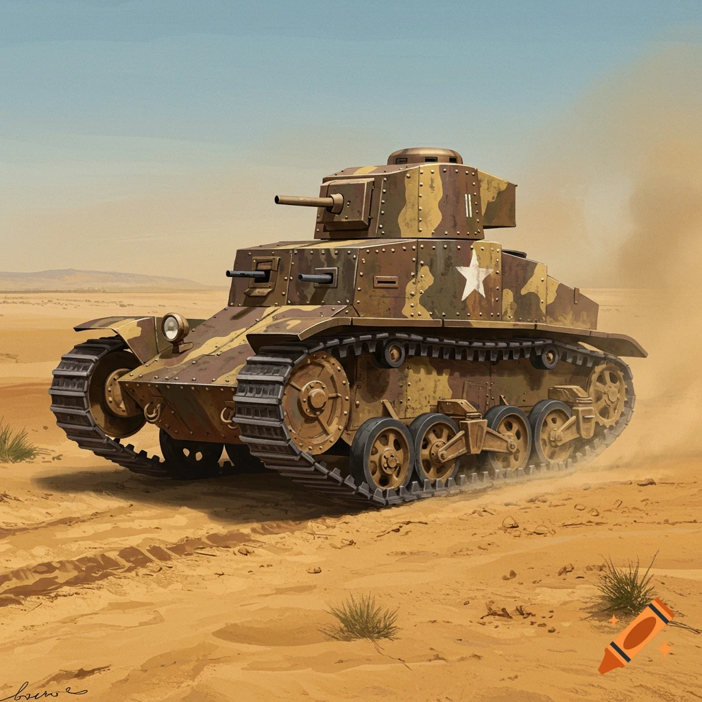 An illustration of an L3/33 cc tank driving through a sandy desert. on ...