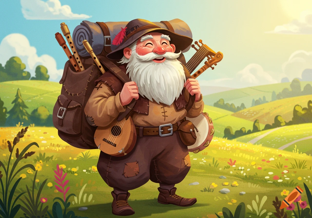 A jolly old man, a bard, with a backpack full of instruments walks ...