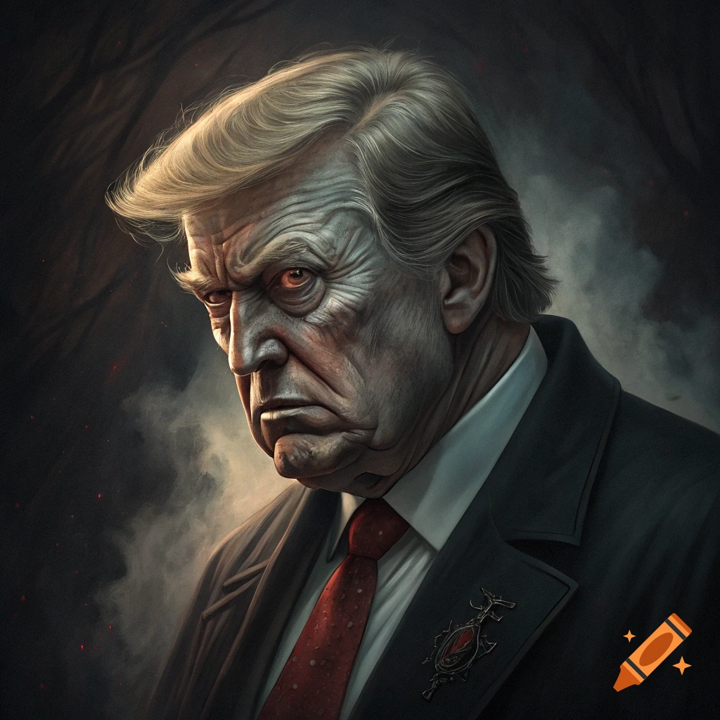 Stylized, intense portrait of Donald Trump with dark, dramatic lighting ...