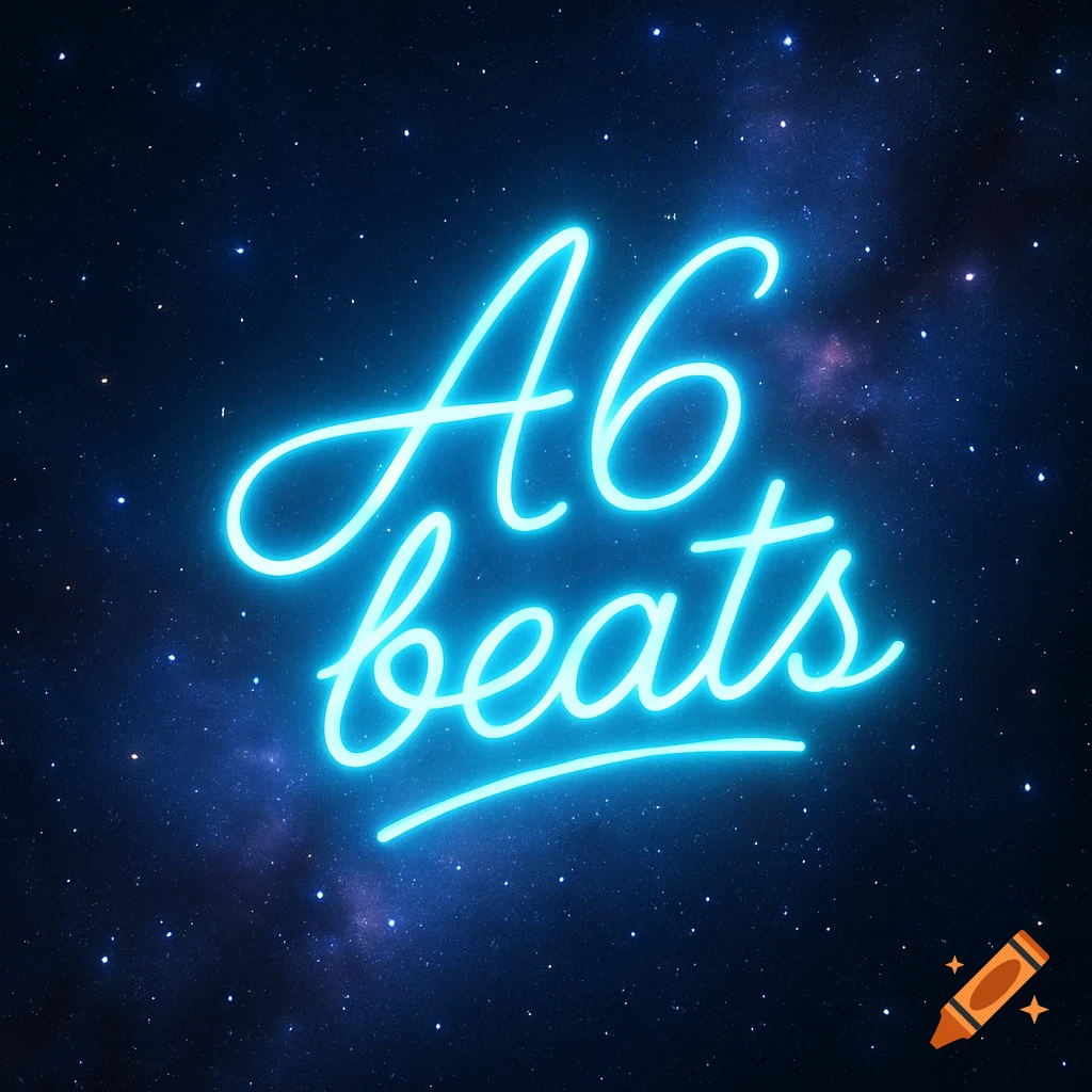 Glowing blue text A6 beats in cursive style on a starry space ...