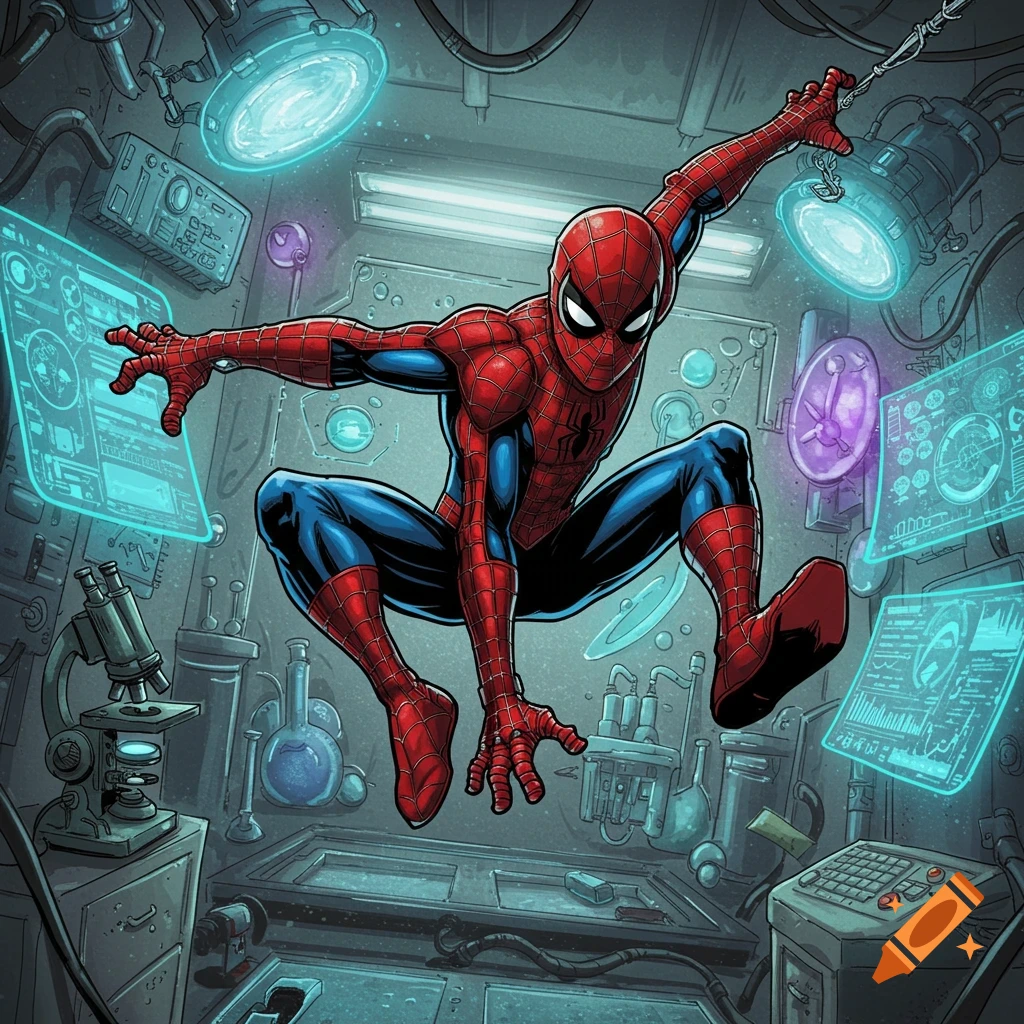Spider-Man leaps through a science lab filled with equipment in a comic ...