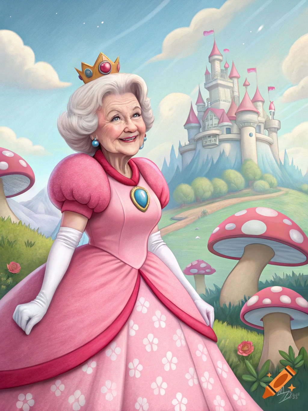 Betty White as Princess Peach in a pink dress and crown stands in a ...