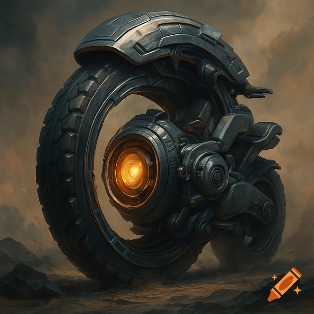 A futuristic, dark metallic one-wheeled vehicle in a barren landscape ...