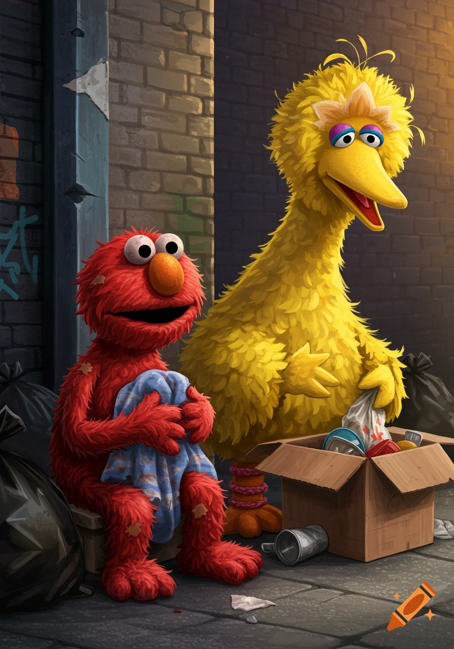 Elmo and Big Bird sit in a dim alleyway with trash and a cardboard box ...