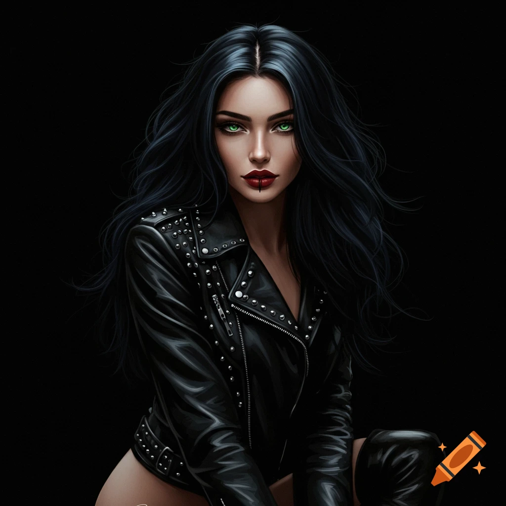 Stylized portrait of a woman in a black leather jacket on Craiyon
