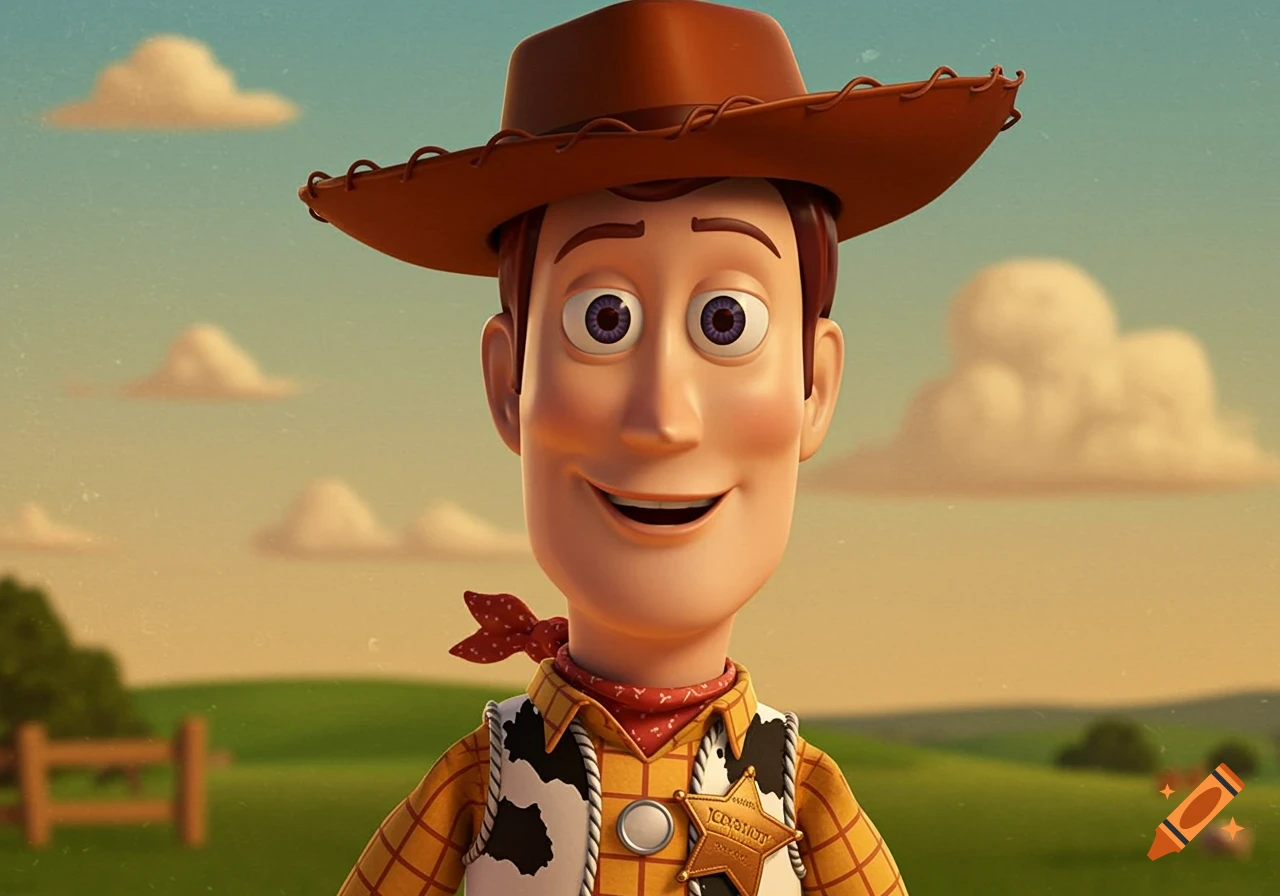 CGI rendering of Woody from Toy Story smiling in a field. on Craiyon