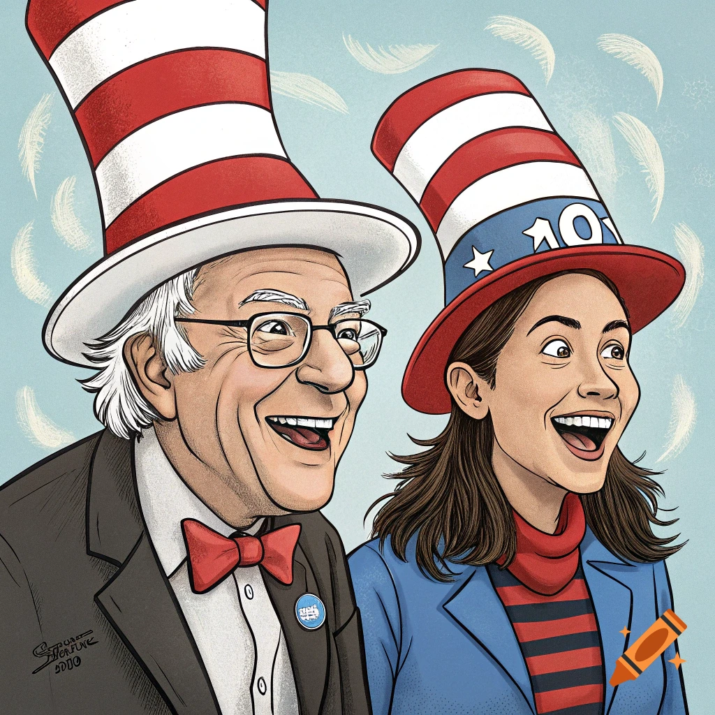 Cartoon caricature of Bernie Sanders and AOC in red and white striped hats on Craiyon