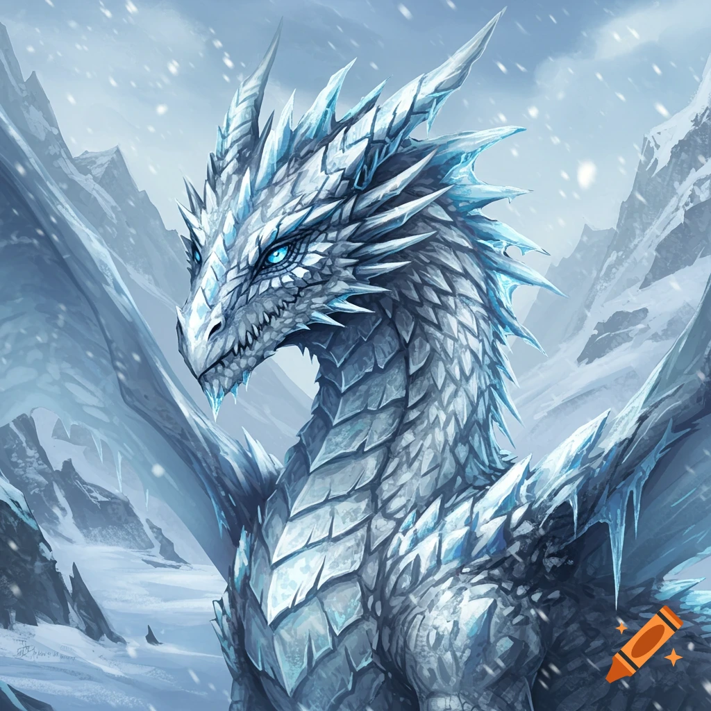 Close-up of a white and blue ice dragon in a snowy mountain landscape. on Craiyon