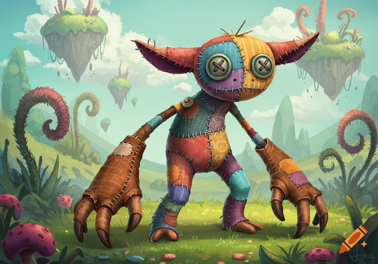A patchwork creature stands in a whimsical fantasy landscape with ...