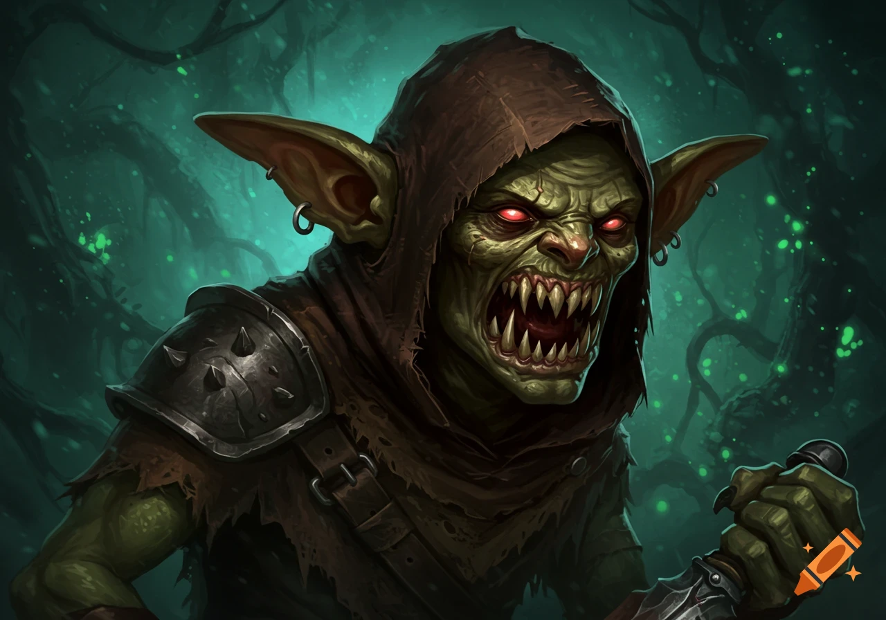 Close-up illustration of a hooded goblin with sharp teeth and glowing ...