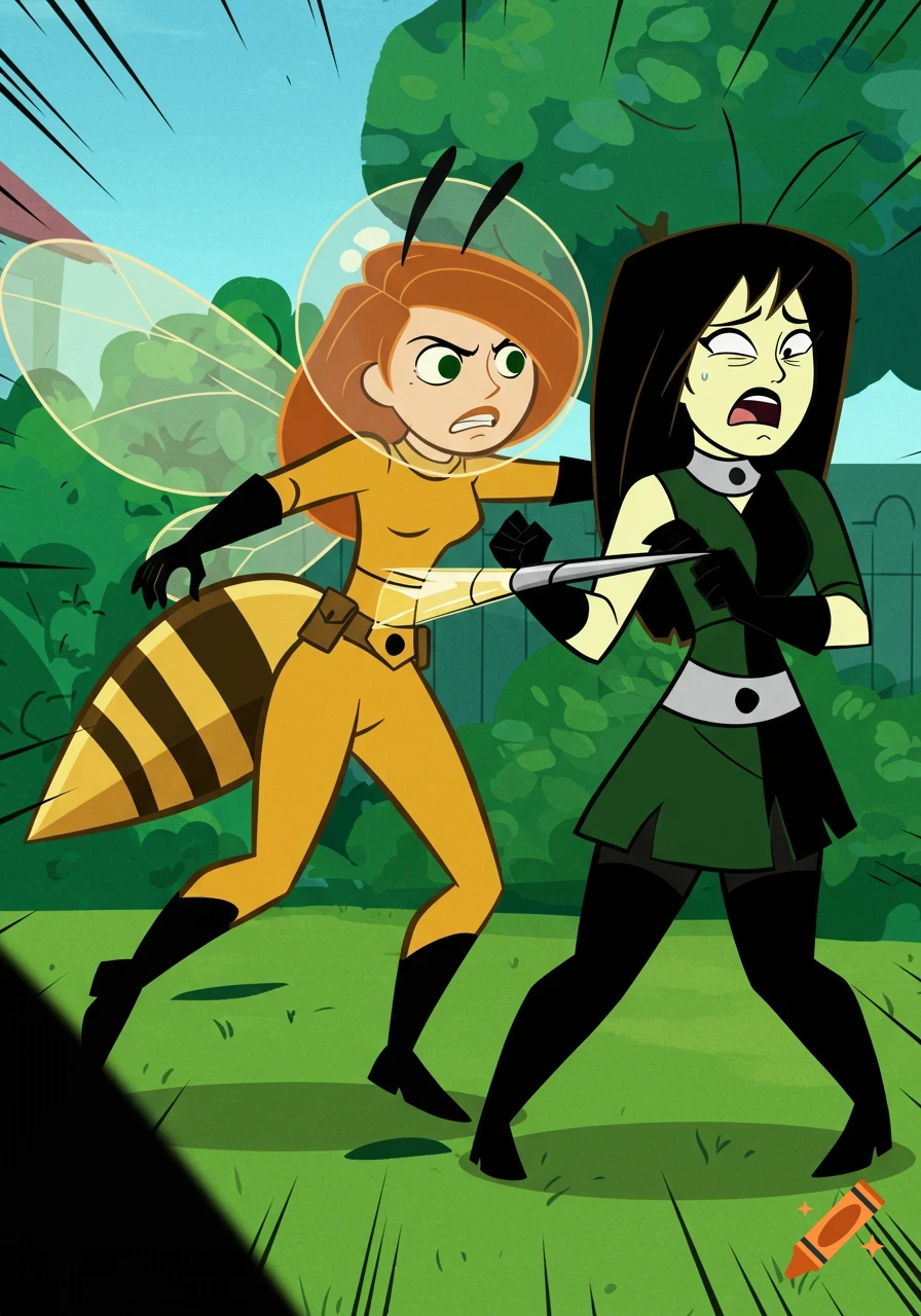 Cartoon rendering of Kim Possible in a bee suit stinging Shego on Craiyon
