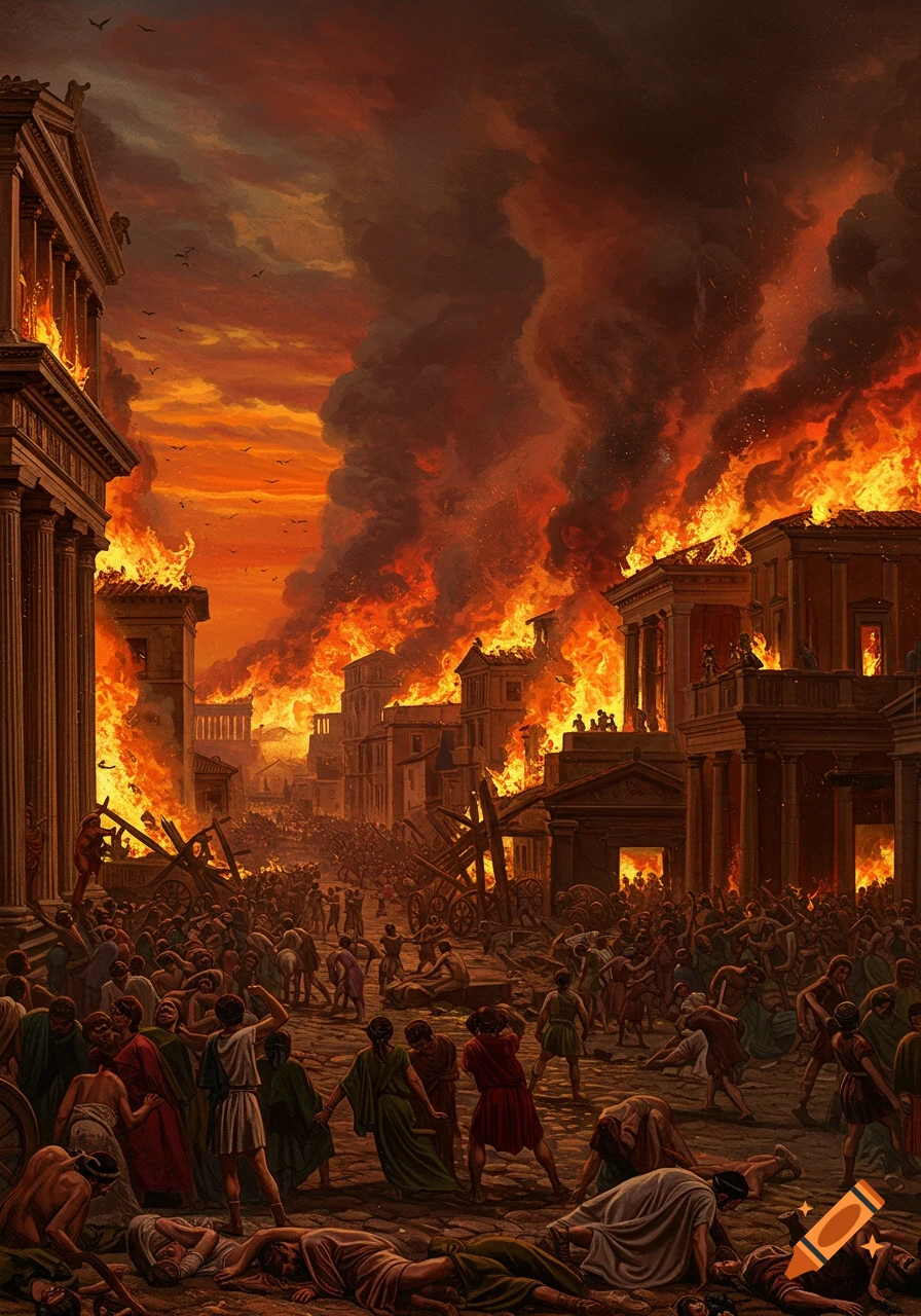 Dramatic painting of an ancient Roman city in flames with crowds of ...