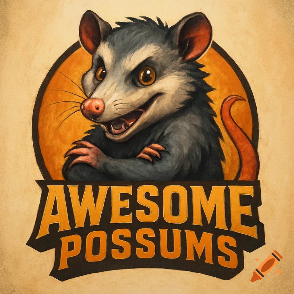Cartoon possum illustration team logo with text AWESOME POSSUMS on Craiyon