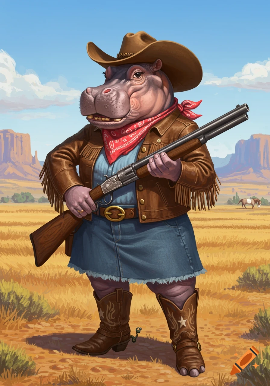 An illustrated anthropomorphic hippo dressed as a cowgirl stands in a ...