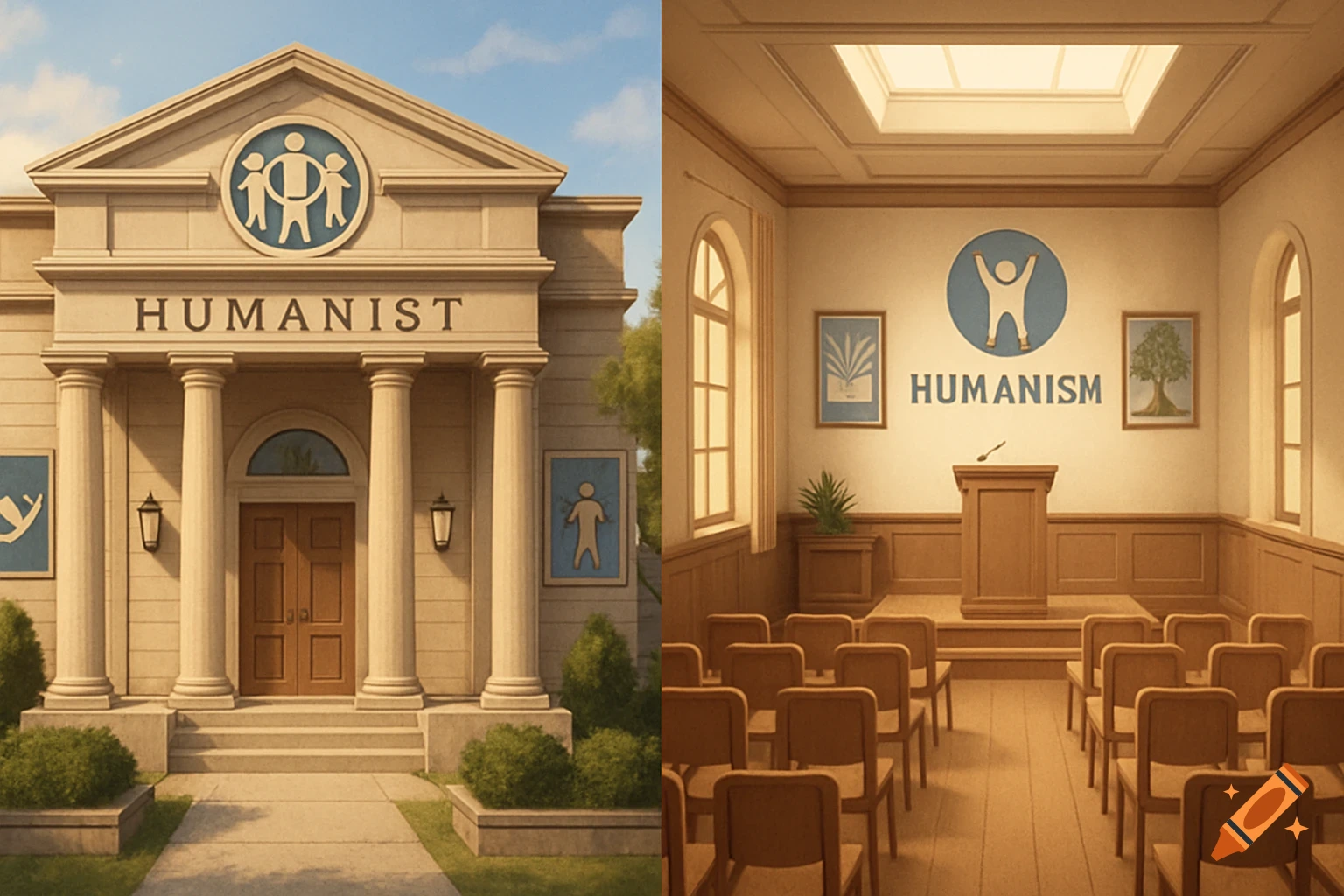 Exterior and interior of a building labeled Humanist and Humanism, with ...