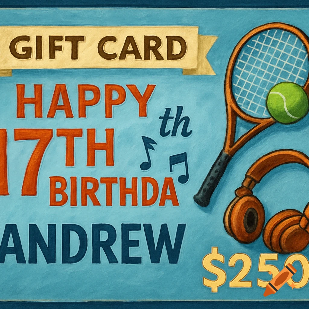 Illustration of a birthday gift card with text, tennis racket, music ...