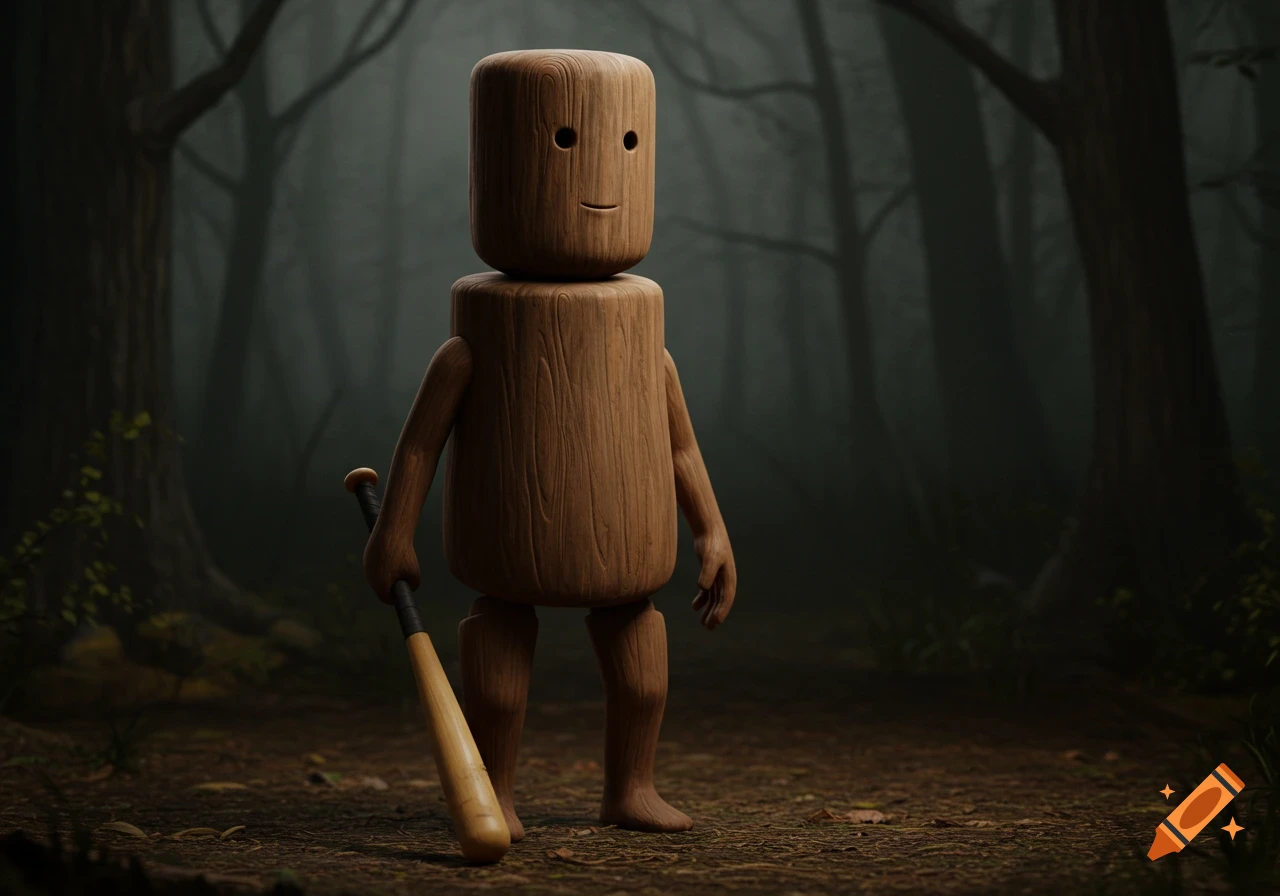 A blocky wooden humanoid figure holding a baseball bat stands in a ...