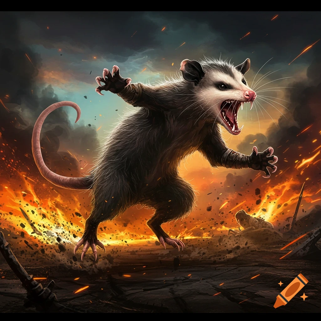 A fierce possum with claws extended leaps through a fiery, war-torn ...