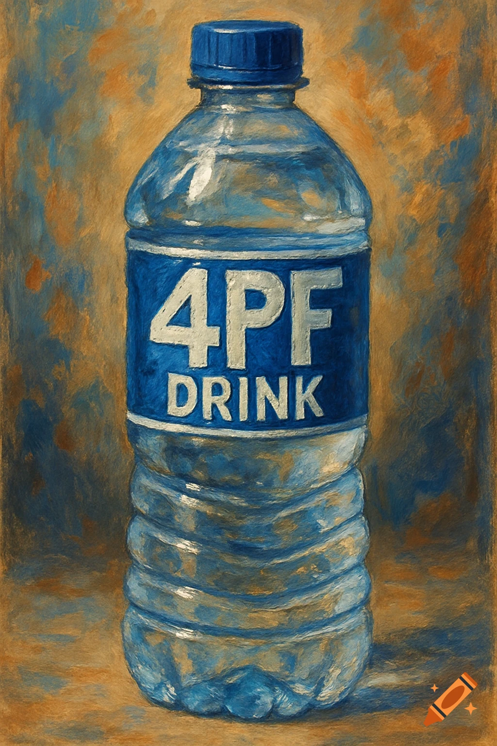 Painterly still life of a clear plastic bottle with a blue label ...