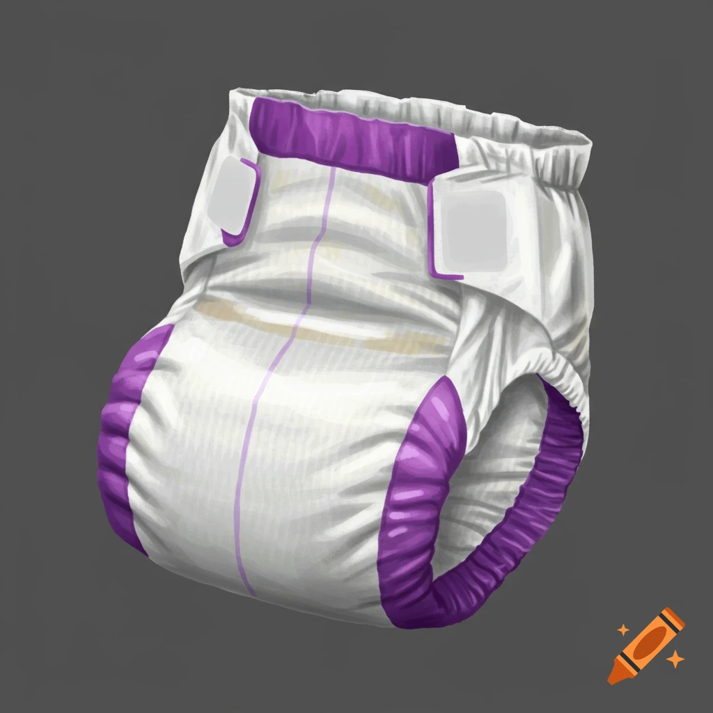 A digital illustration of a disposable pull-up diaper with purple trim ...