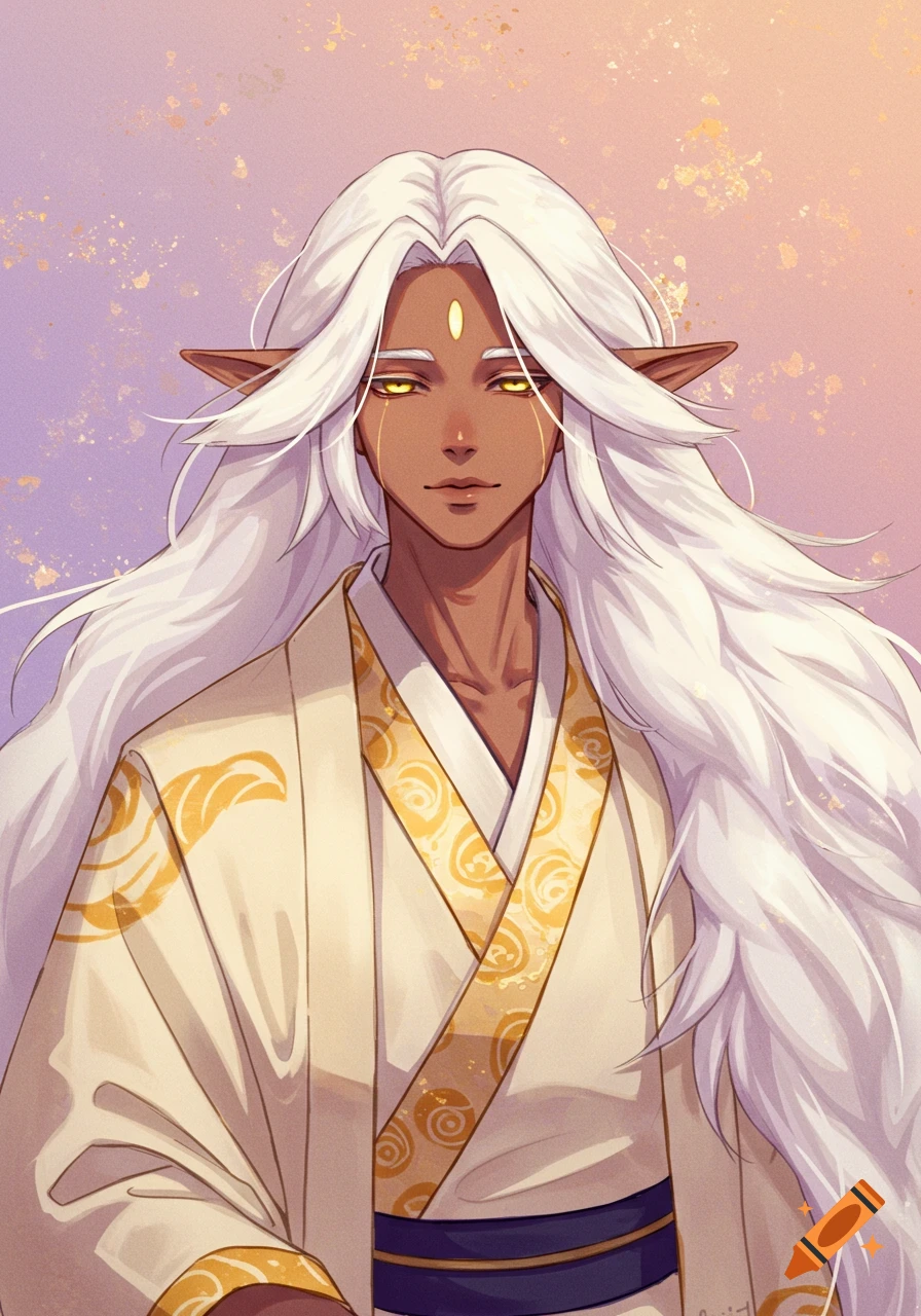 Anime portrait of a tan person with long white hair, pointed ears, and ...
