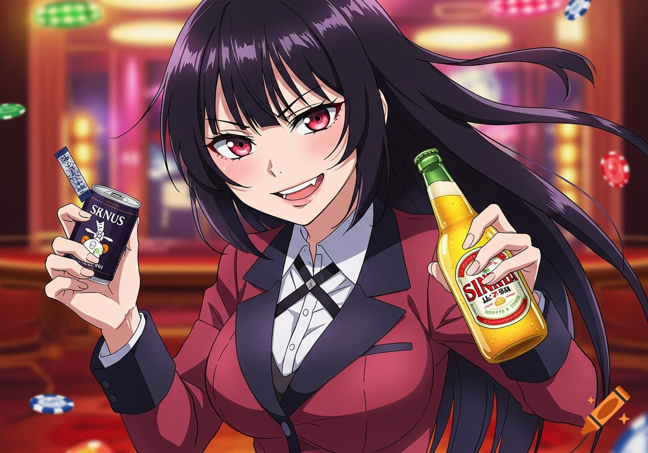 Anime girl in a casino holds a snus can and a beer bottle, smiling. on ...