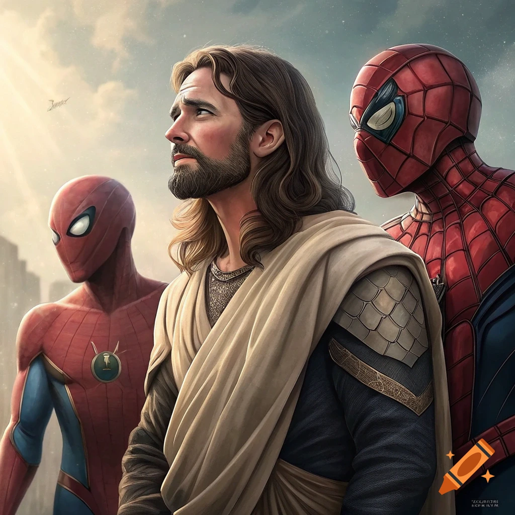 Jesus standing between two Spider-Man figures under a dramatic sky. on ...