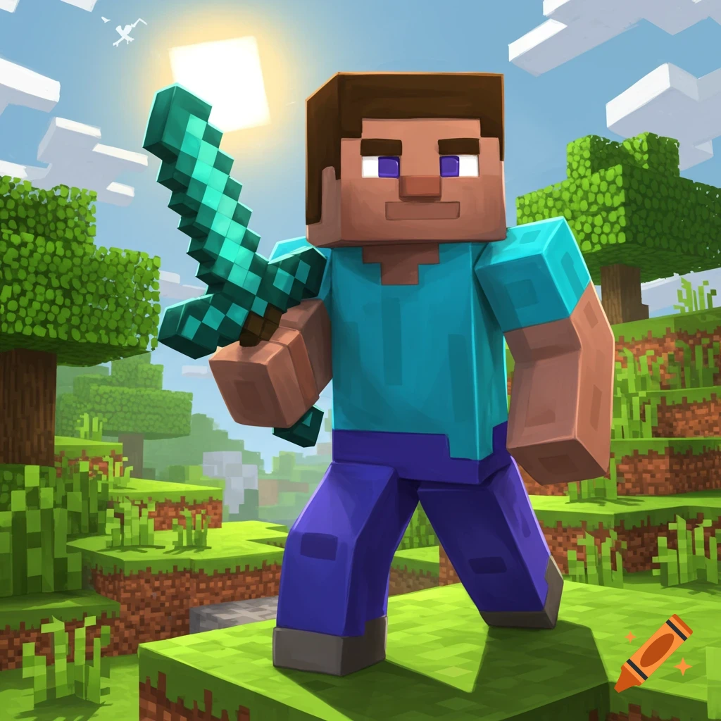 Minecraft Steve holds a diamond sword in a blocky landscape on Craiyon