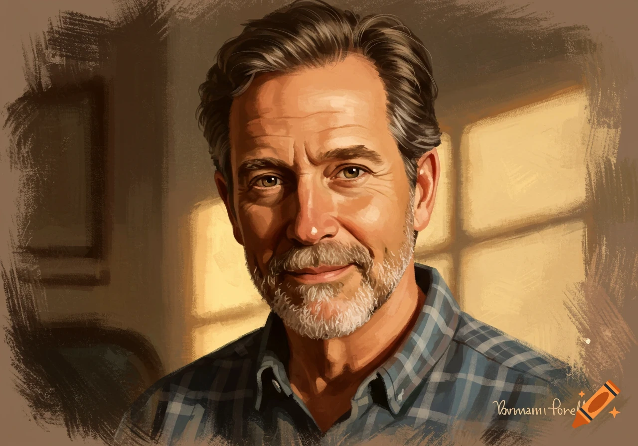 Painted portrait of a middle-aged man with a beard and plaid shirt, lit ...