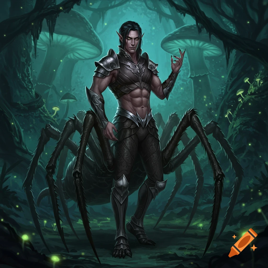 Male drider standing in a dark fantasy forest with glowing mushrooms ...