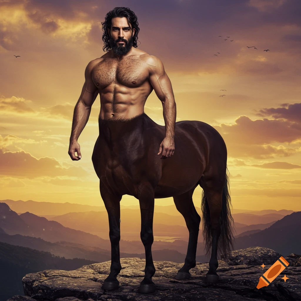 Photorealistic image of a male centaur standing on a rock overlooking ...