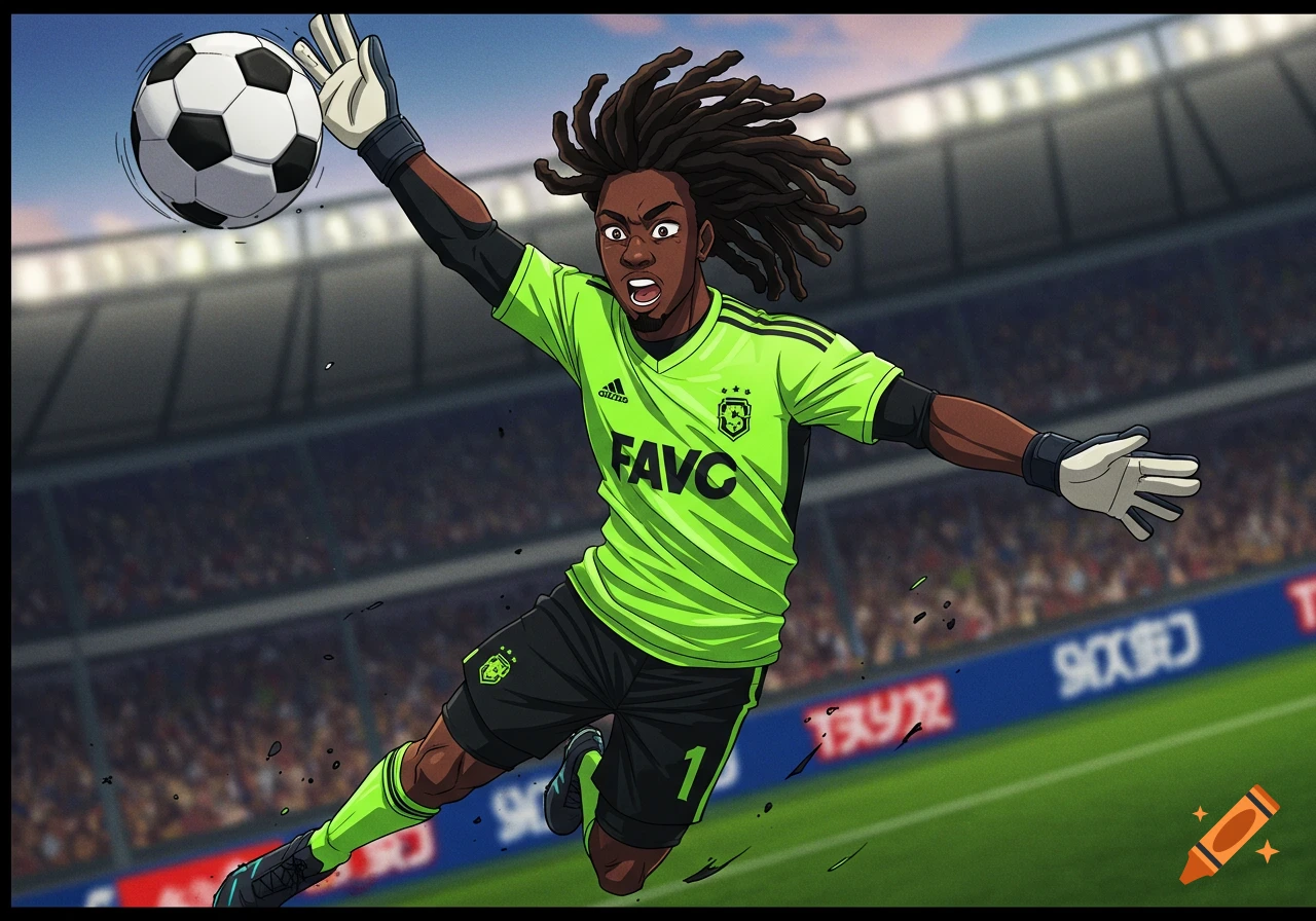 Anime illustration of a black goalkeeper with dreadlocks diving to save ...