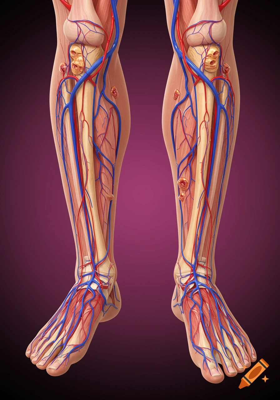Anatomical illustration showing the bones, muscles, arteries, and veins ...