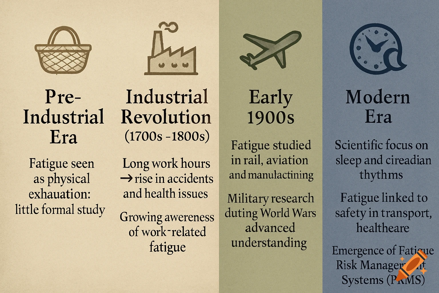 Infographic timeline of fatigue management from pre-industrial era to ...